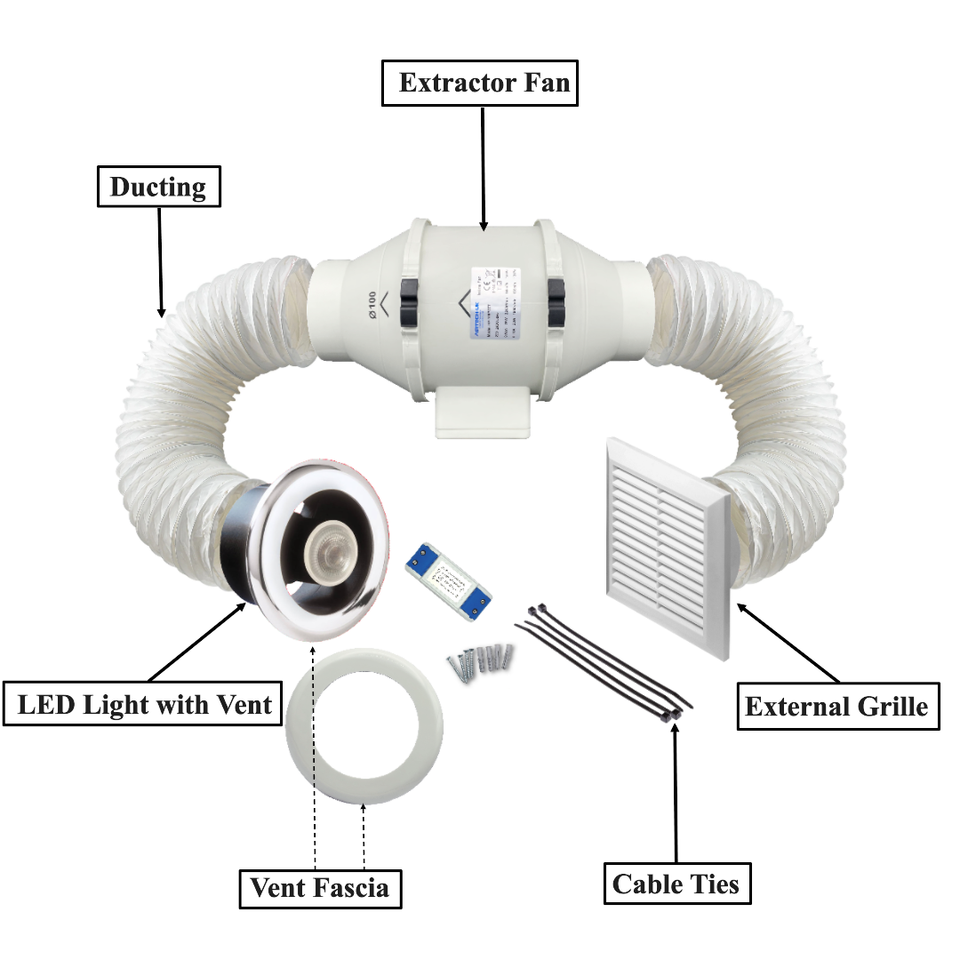 AirTech Powerful Inline Bathroom Shower Fan Kit 100mm with Timer & 3W ...