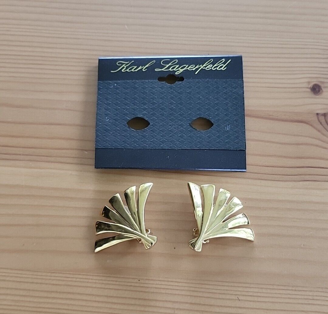 Vintage Karl Lagerfeld Fan Gold Tone Clip-On Earrings NOS New Old Stock ...