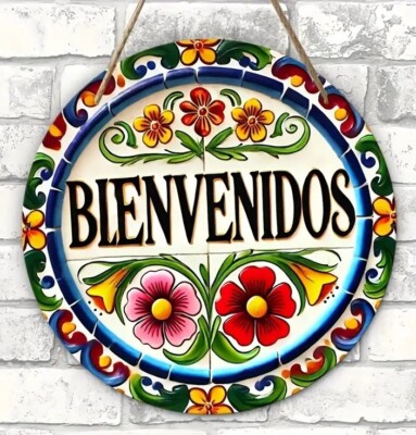 8” Round “Bienvenidos” Sign in a Mexican Talavera-Style Design 30121 | eBay