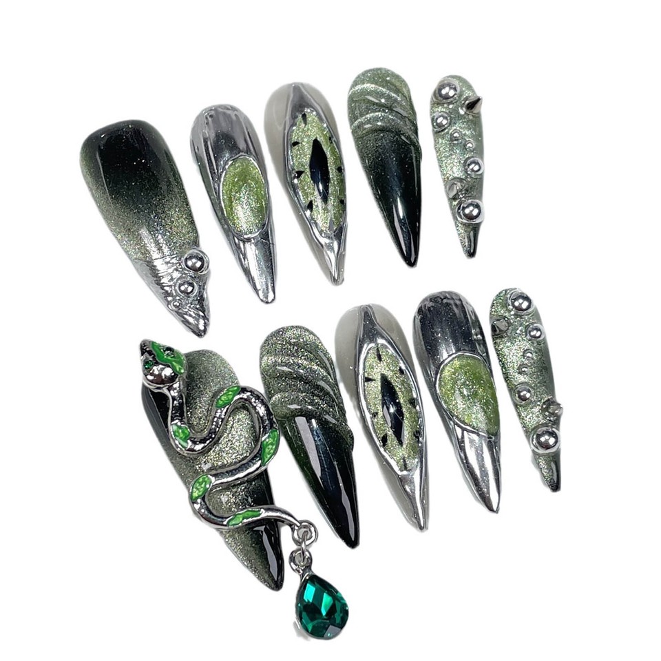 Handmade False Nail Secret World Green Snake Press on Nails for Nail ...
