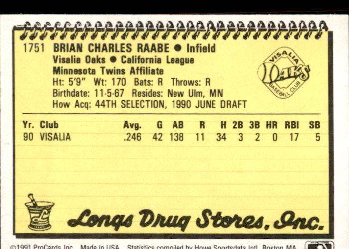 1991 Visalia Oaks ProCards #1751 Brian Raabe New Ulm Minnesota MN ...