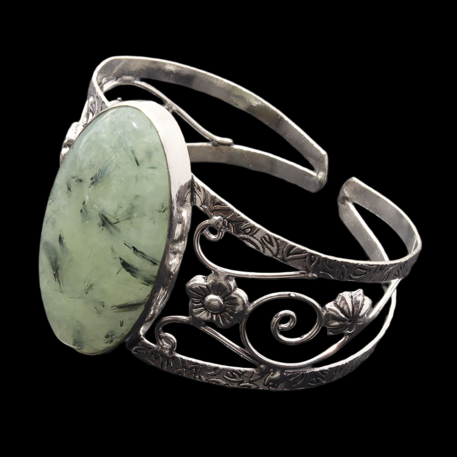 Moss Prehnite Gemstone & 925 Sterling Silver Adjustable Cuff Bangle ...