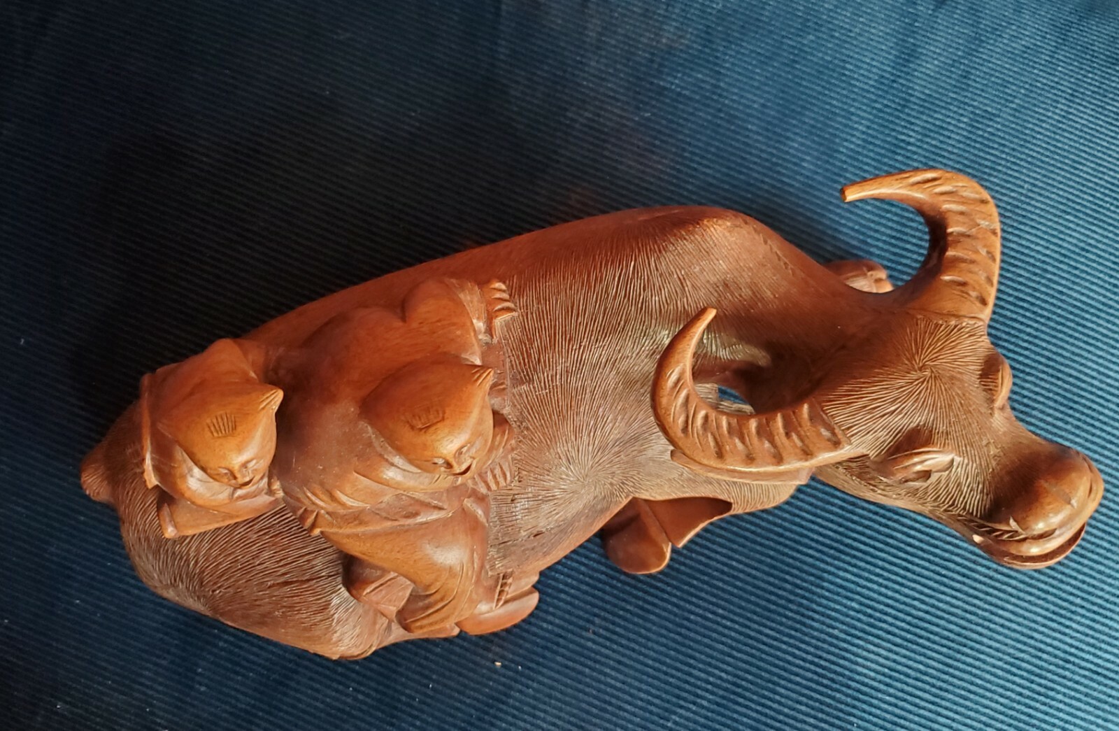 VINTAGE CHINESE 12" HAND CARVED WOODEN OX WITH TWO RIDERS ZEN BUDDHIST ...
