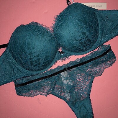 Victoria's Secret 34DD BRA SET M thong emerald GREEN floral BLACK ...
