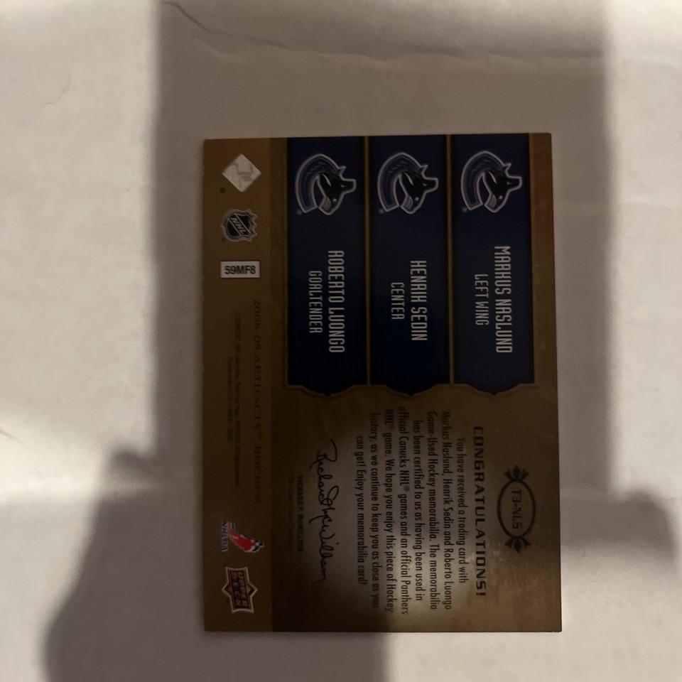 2008-09 ARTIFACTS TUNDRA TRIOS GOLD Naslund Sedin Luongo 3 color swatch ...