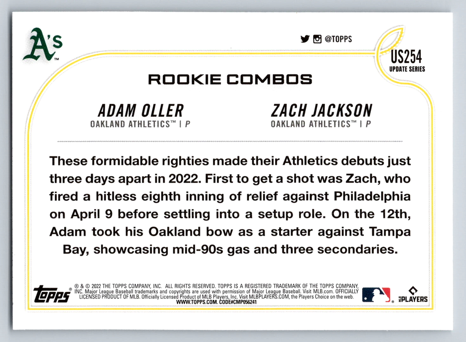 2022 Topps Update #US254 Zach Jackson/Adam Oller Athletics Baseball ...
