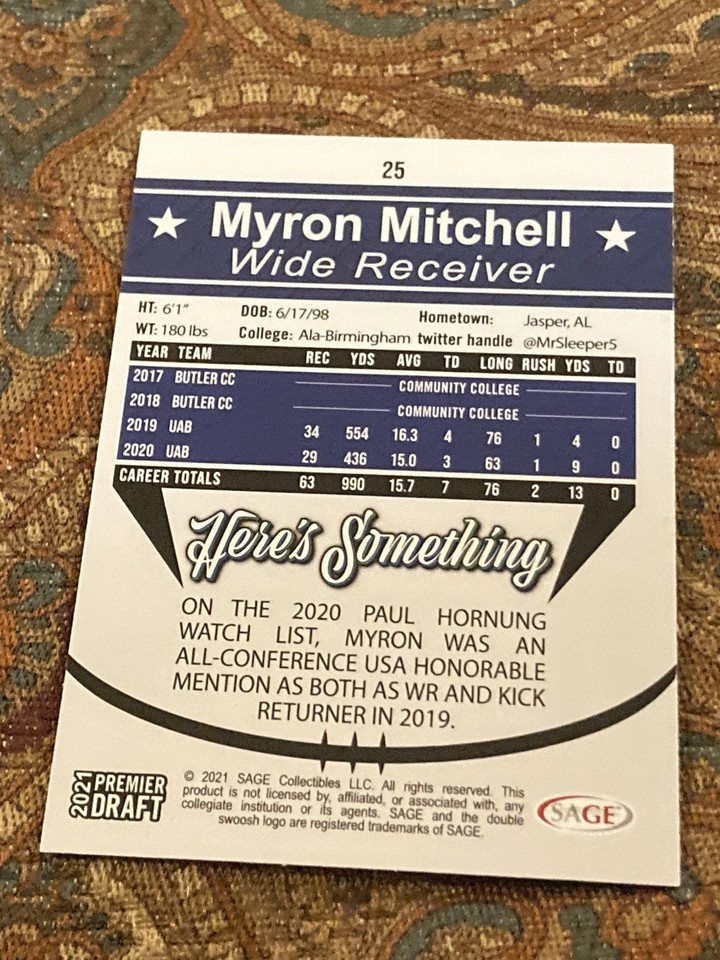 2021 SAGE Premier Draft #25 Myron Mitchell | eBay