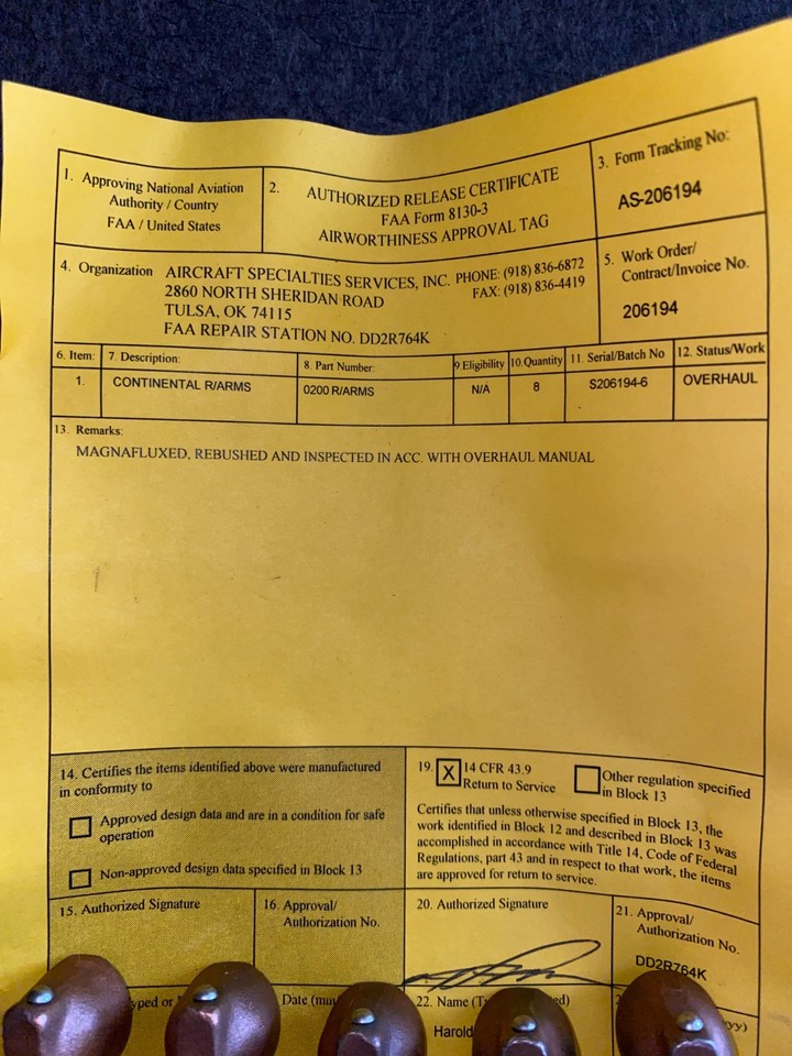 Continental O-200 Intake & Exhaust Rocker Valves P/N 639615 Set of 8 w ...