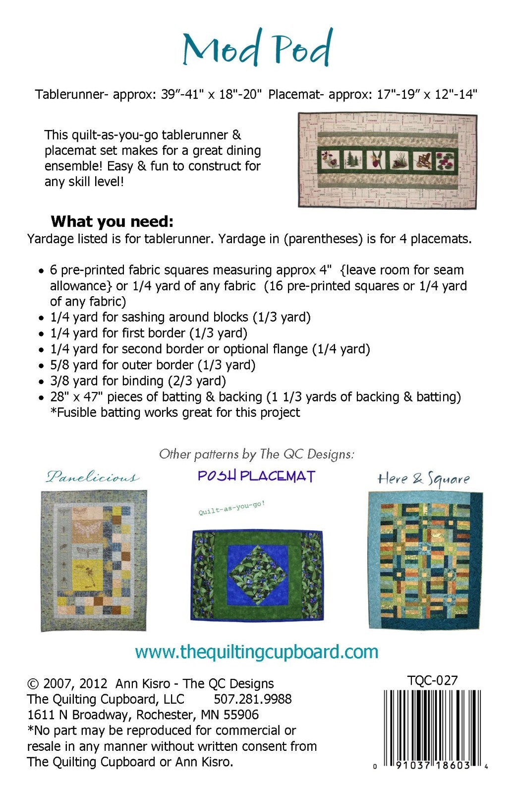 Quilting Sewing Pattern Instructions Mod Pod runner placemat quilt as ...