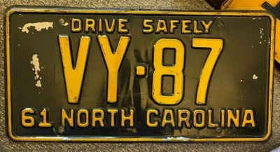 North Carolina 1961 DRIVE SAFELY SLOGAN License Plate NICE QUALITY # VY ...