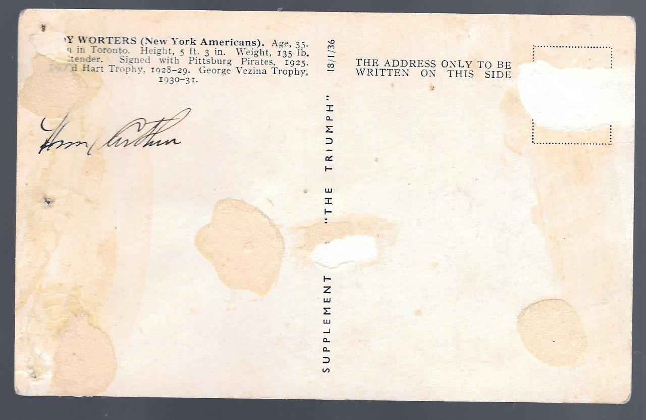 Vintage 1936 Roy "Shrimp" Worters NY Americans Goalie Triumph Hockey ...