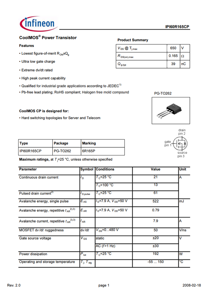 IPI60R165CP 6R165P Infineon N-Ch Power MOSFET 600V 21A 165mOhm 192W I2PAK | eBay