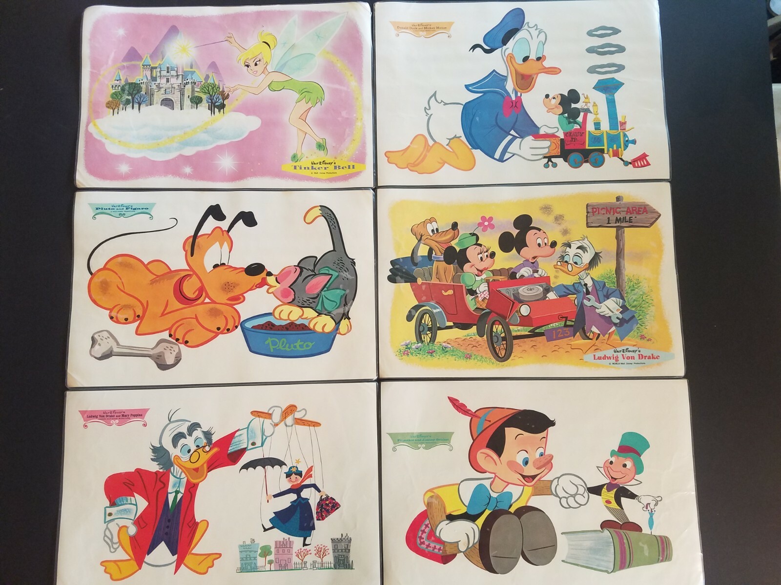 (LOT OF 6) 1961 Disney Placemats Laminated Pluto Donald Duck Scrooge ...