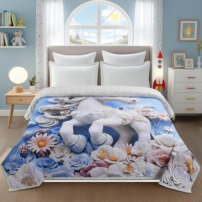 181 DEGREES Quilted Bedspread with Unicorn and Floral Design, Blue and ...