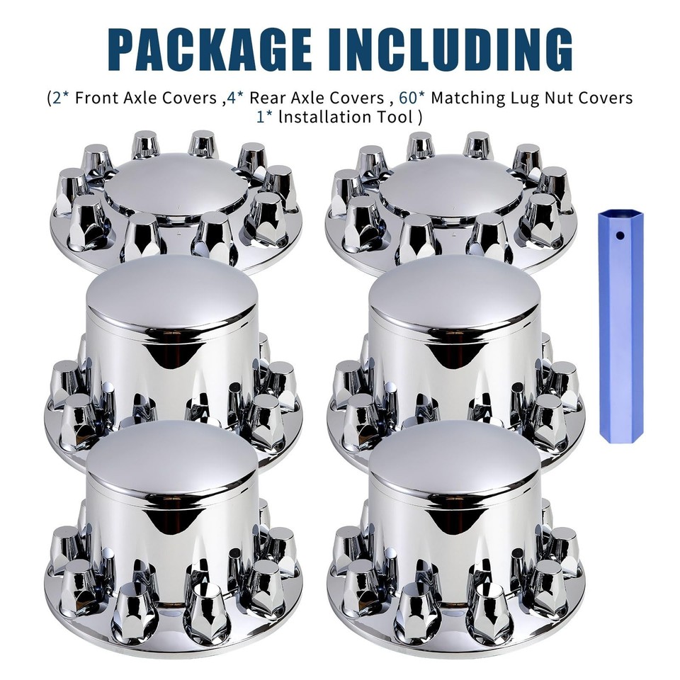 Chrome Hub Cover Semi Truck Wheel Kit Axle Cover 33mm Lug Front & Rear ...