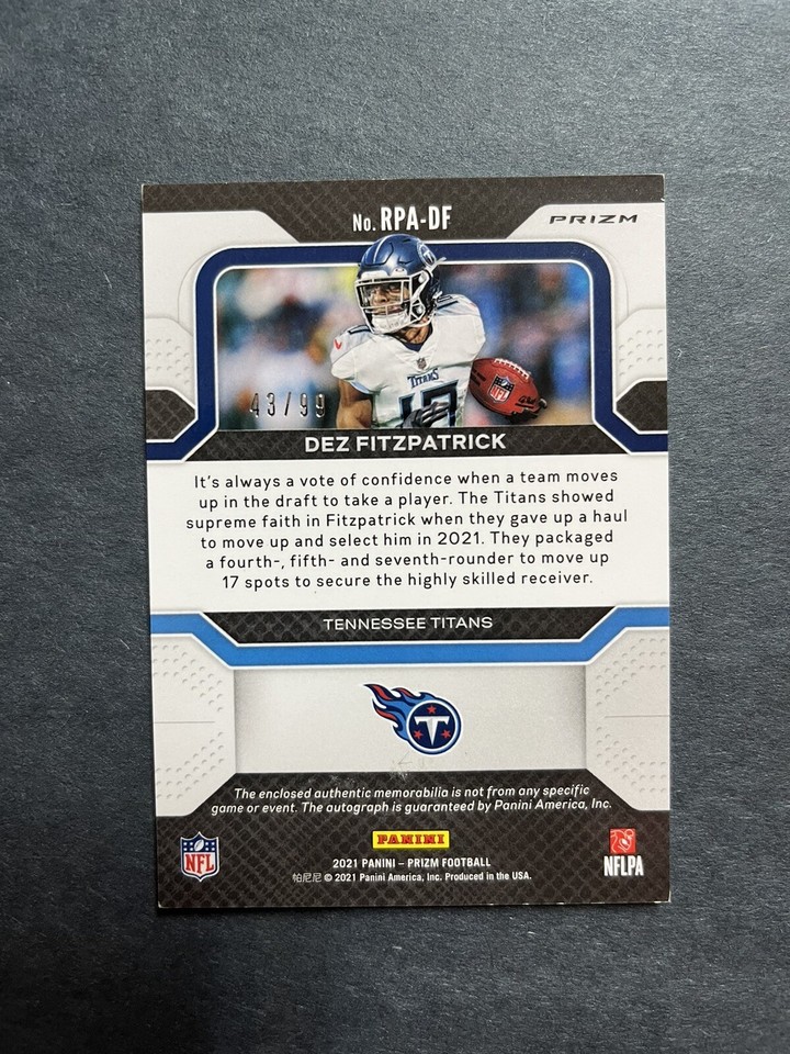 2021 Panini Prizm DEZ FITZPATRICK #RPA-DF Rookie Patch Auto RPA /99 ...