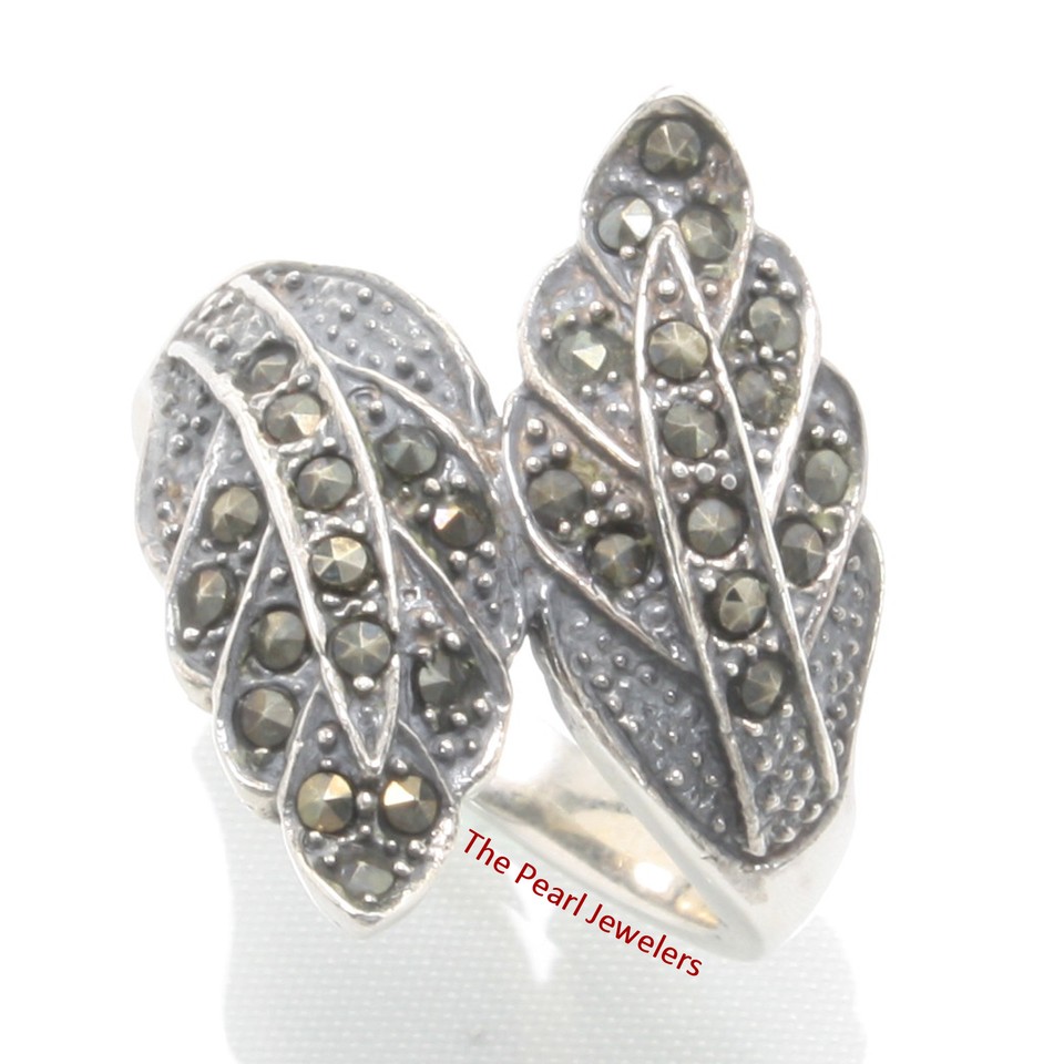 Gorgeous Twin Leaf Marcasite Cocktail Ring Crafted of Sterling Silver ...