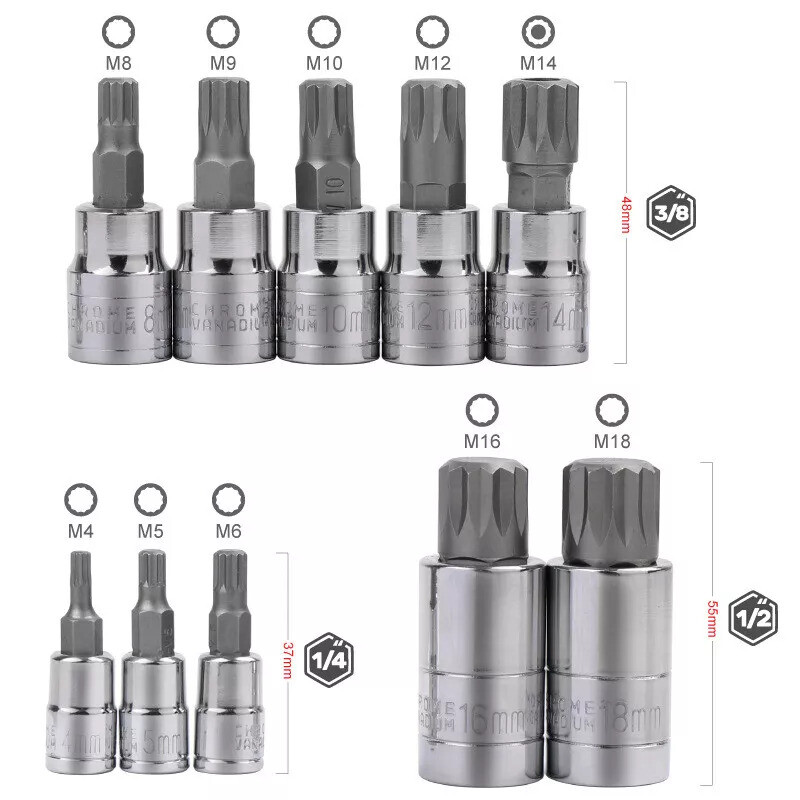 10pc XZN Triple Square 12 Point Spline Bit socket Set 4MM - 18MM | eBay