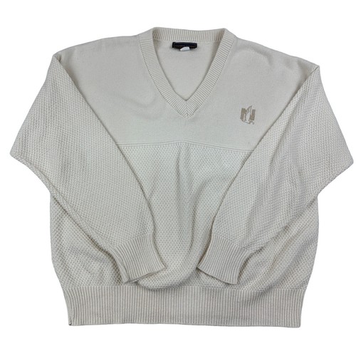 VTG Andrew Rohan NATIONWIDE INSURANCE V-Neck Cable Knit Sweater Ivory ...