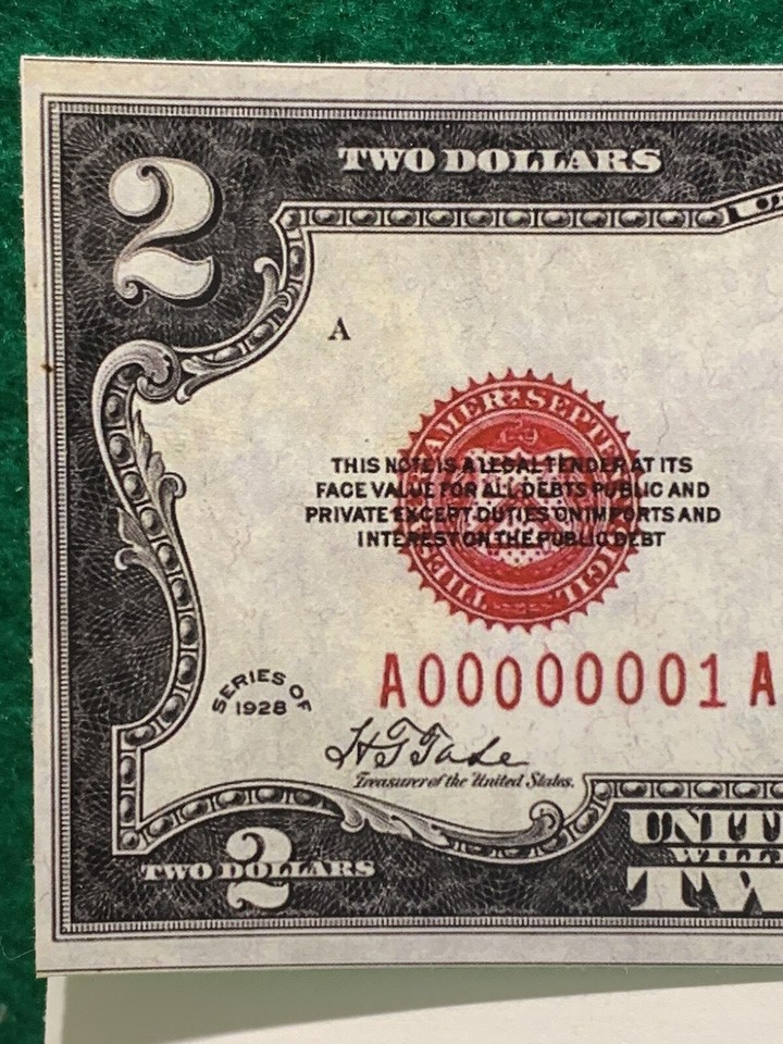 1928 $2 Two Dollar (STICKER!) Fancy Low Serial Number (A 00000001 A ...