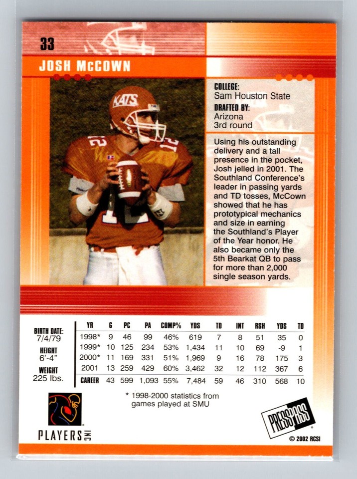 2002 Press Pass JE Josh McCown #33 Sam Houston State Bearkats RC | eBay