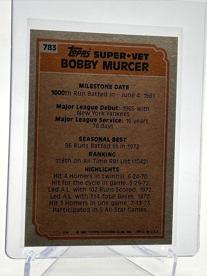1983 Topps Bobby Murcer Baseball Card #783 NM-Mint FREE SHIPPING | eBay