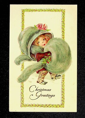 Christmas Embossed Exaggerated Postcard 1909 Girl W/ Large Hat & Scarf ...