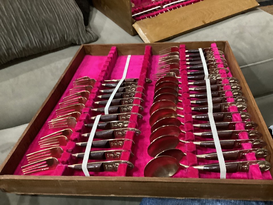 VTG. MID-CENTURY THAILAND BRONZE BRASS 129PC FLATWARE SILVERWARE SET IN ...