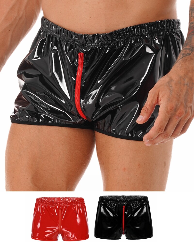 Mens Wet Look Patent Leather Zippered Shorts Underwear Boxer Briefs