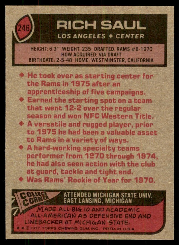 1977 Topps Rich Saul NM or Better Los Angeles Rams #246 | eBay