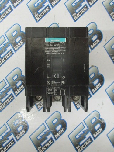 Siemens BQD360, 60 Amp, 480 Volt, 3 Pole, Bolt On, 14K Circuit Breaker ...