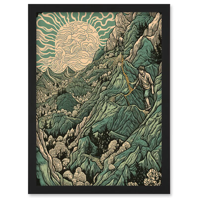 Climb Every Mountain Hikers at Sunrise Linocut Framed Wall Art Picture ...