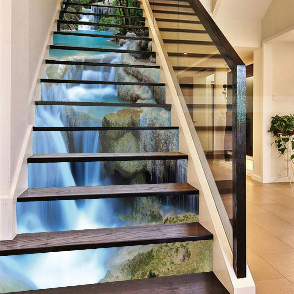 13Pcs 3D Waterfall Rock Patterns Stair Sticker Self-adhesive Staircase ...
