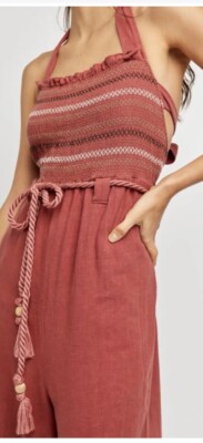 Free People Sienna Smocked Jumpsuit Bodice Rope Belted Smocked Top ...