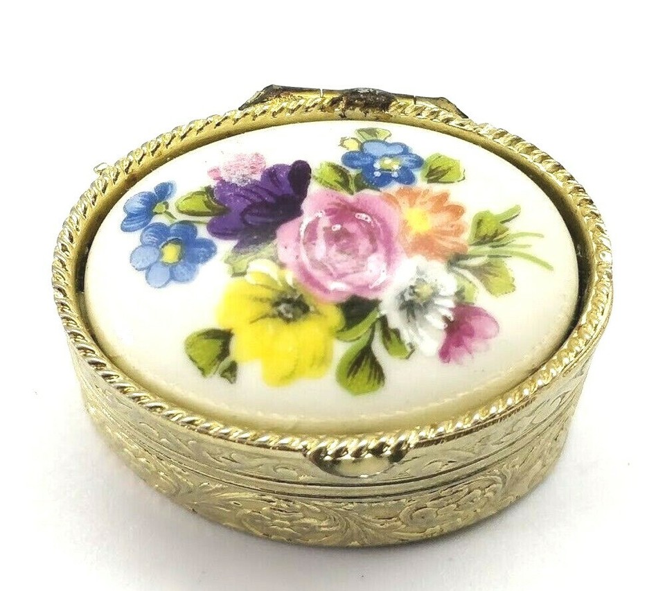 VTG Victorian Style Floral Pill Oval Box Silver Plated Hand Painted ...