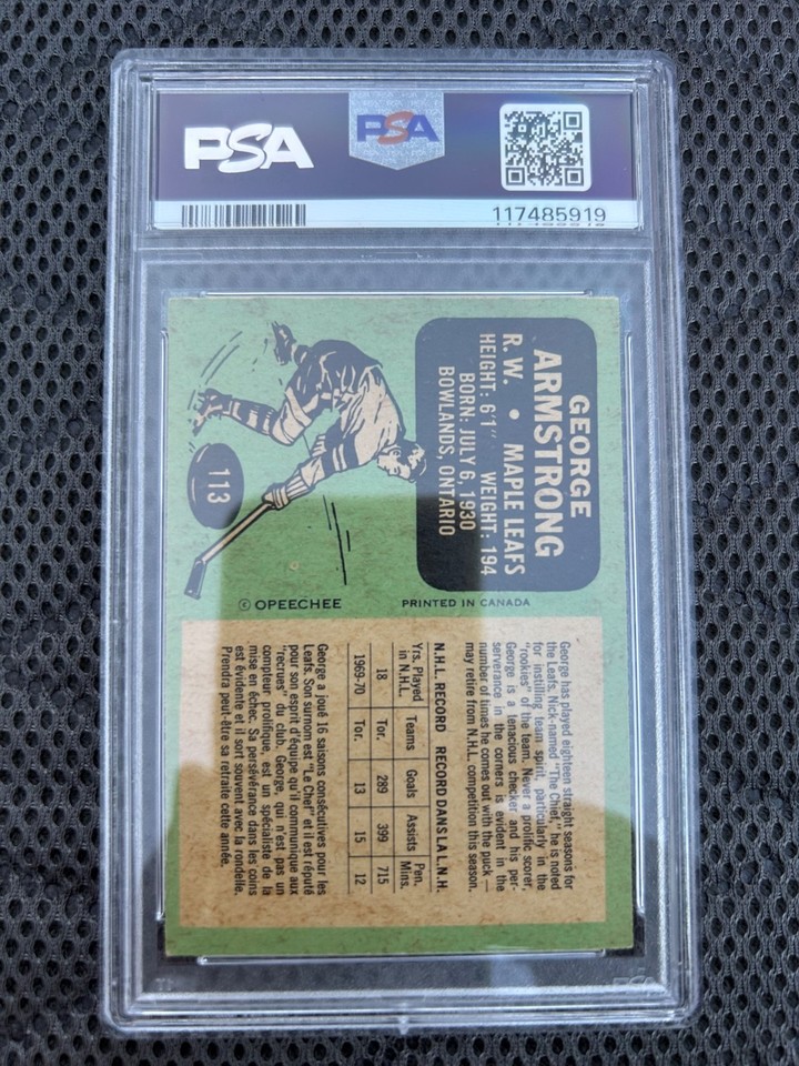 1970-71 O-Pee-Chee George Armstrong #113 PSA 6. HOF Legend. Maple Leafs ...