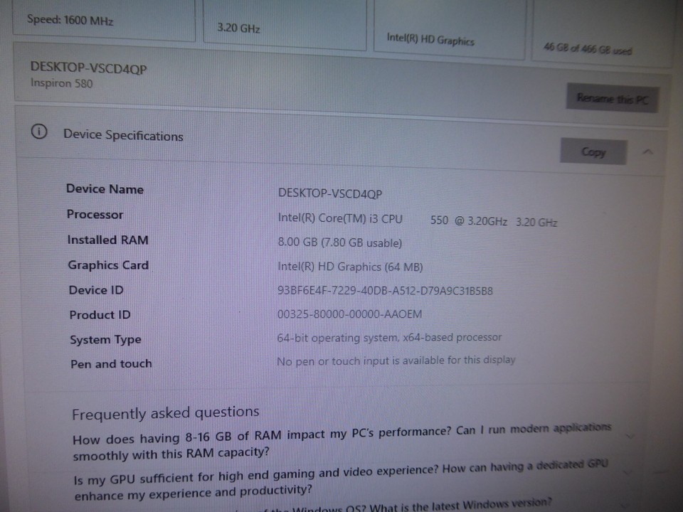 DELL INSPIRON 580 TOWER PC INTEL i3-550 3.2GHz 8GB 500GB WINDOWS 10 ...