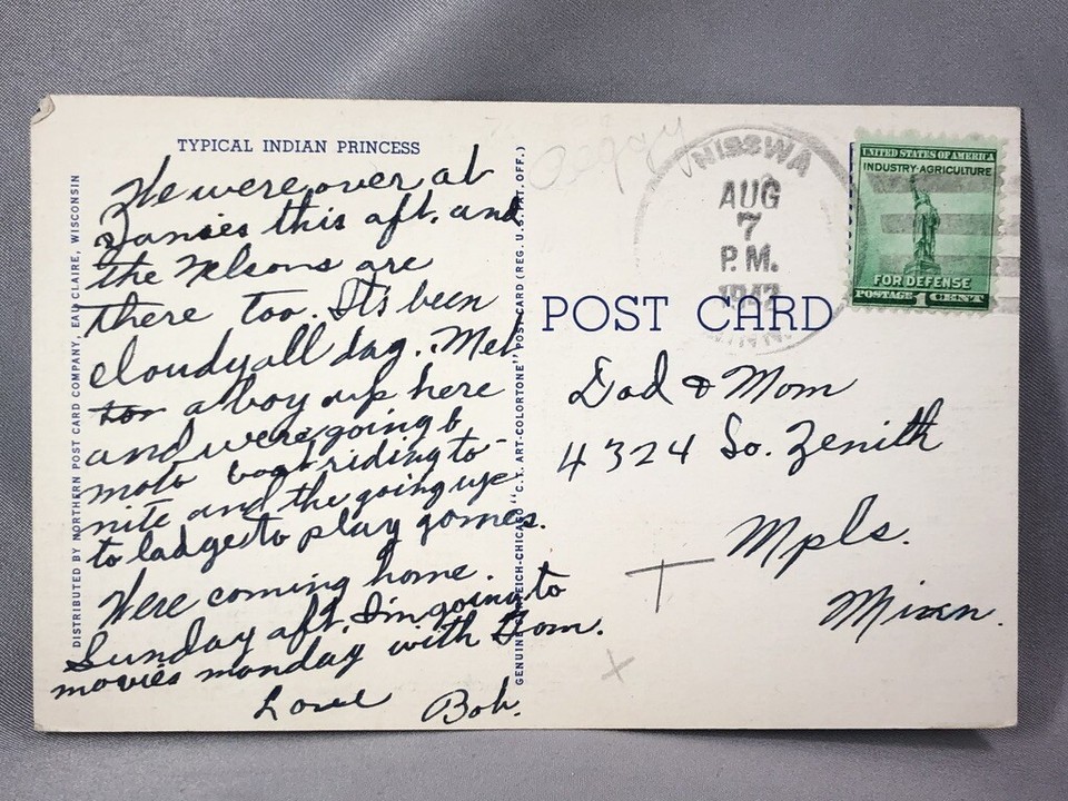 1942 INDIAN PRINCESS Postcard VINTAGE Native American Canoe Paddle Tipi ...