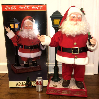 COCA COLA SANTA CLAUS ANIMATED LAMP POST 28 INCH w/BOX LIGHTS UP MOVES ...