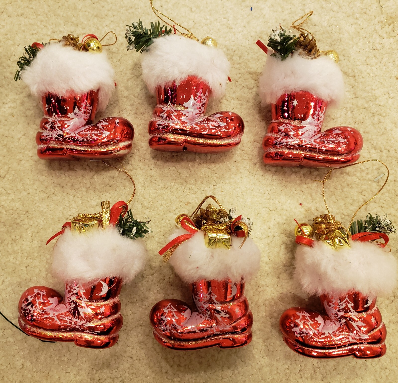 Vintage Red Santa Boot Christmas Ornament Lot of 6 Painted Moon Stars ...