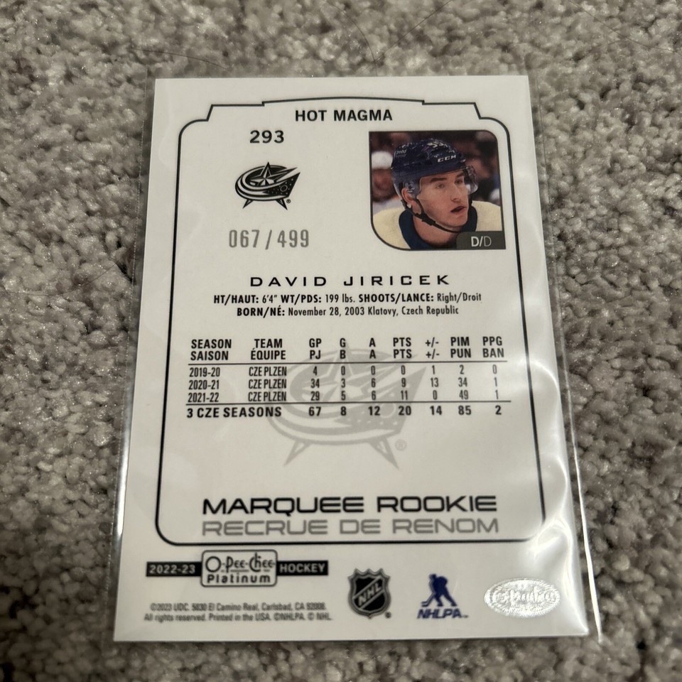 2022-23 O-Pee-Chee Platinum David Jiricek Marquee Rookie Hot Magma /499 ...