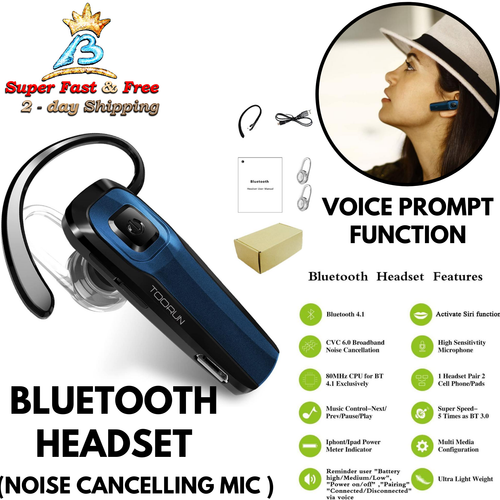 Wireless Bluetooth Headset Rechargeable With Voice Command Noise ...