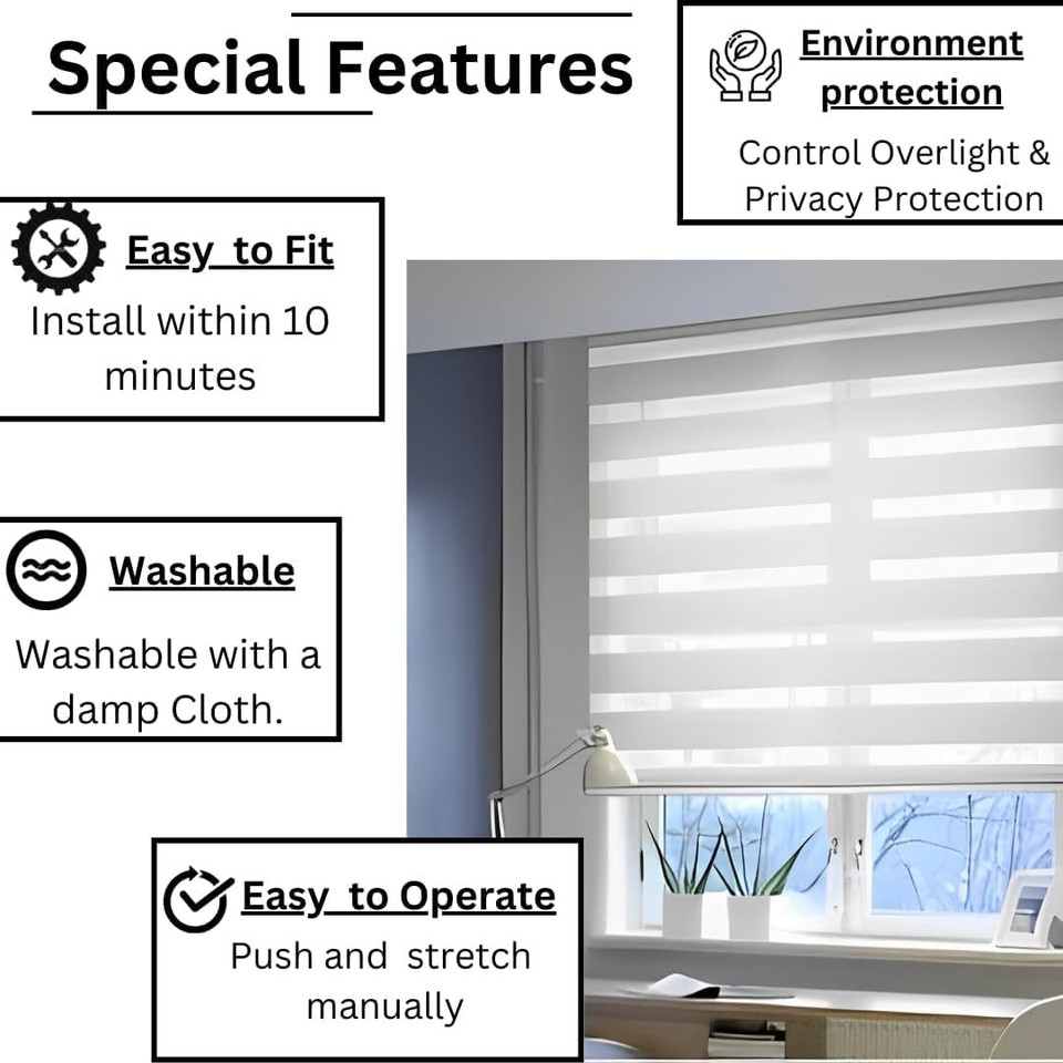 Zebra Vision Window Roller Blind Easy Fit 165cm-210cm Drop Day and ...