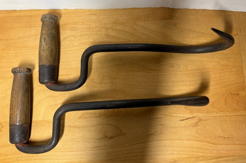 2 Vintage Hand Forged Iron Hay Bale Hooks Wooden Handles Primitive Farm ...