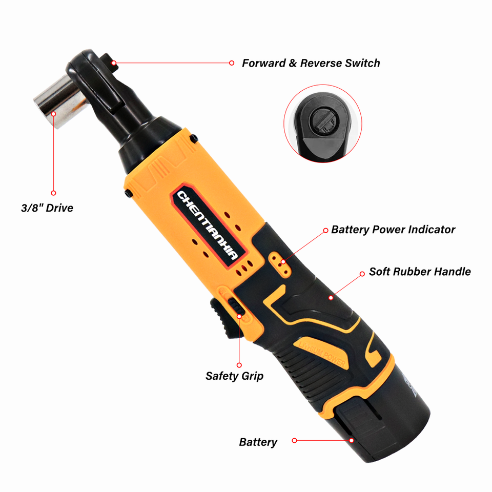 2 Batteries Cordless Right Ratchet 3/8'' 90° 580Nm Electric Power ...