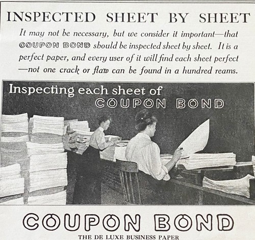 1908 AMERICAN WRITING PAPER CO Vtg Print Ad~Women Inspect Each Sheet ...