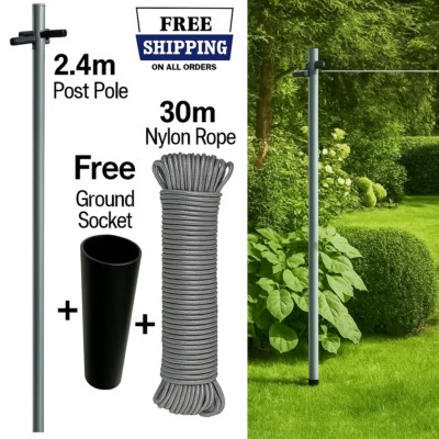 2.4M Heavy Duty Galvanized Washing Line Post Pole Clothes Line Socket ...