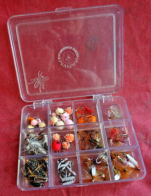 A SMALL POCKET MYRAN FLY BOX + CONTENTS INC. SAWYER KILLER BUGS ...