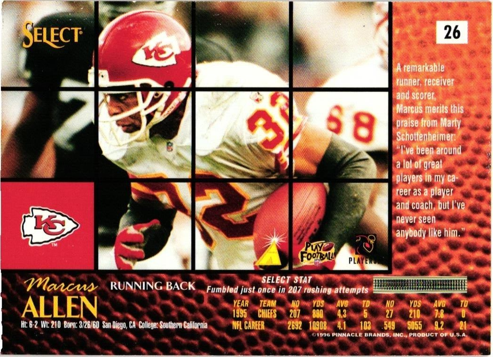 1996 Select Marcus Allen #26 HOF KC Chiefs NrMt+ Free Shipping | eBay