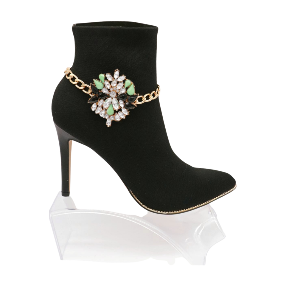 Women Gold Metal Chain Boot Bracelet Shoe Bling Green Flower Charm ...